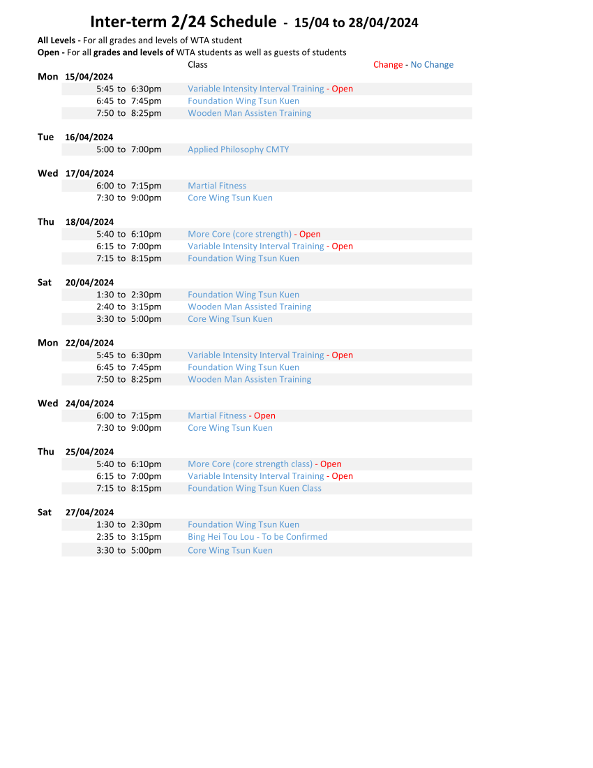 Inter-term Schedule - Wing Tsun Academy